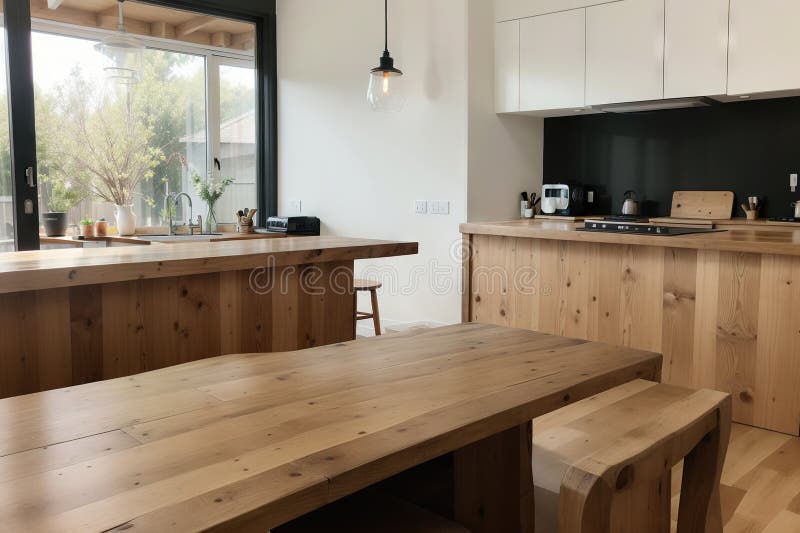 Selective Focus.Wood Table Top on Blur Kitchen Counter Background.for ...