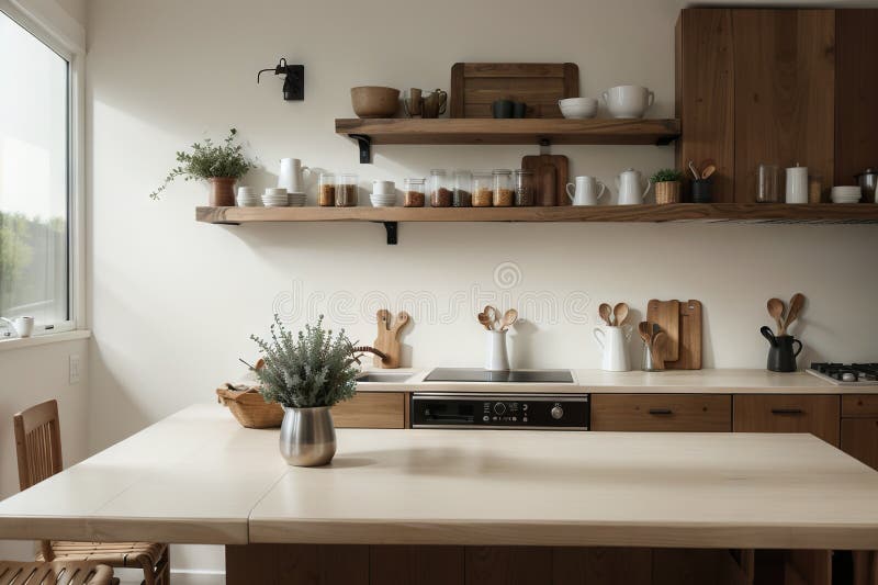 Selective Focus.Wood Table Top on Blur Kitchen Counter Background.for ...