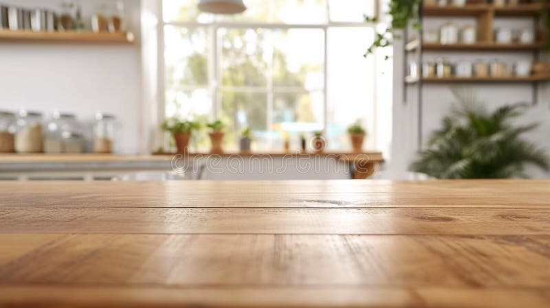 Selective Focus on Wooden Kitchen Island. Empty Dining Table with Copy ...