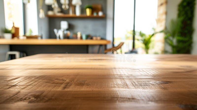 Selective Focus on Wooden Kitchen Island. Empty Dining Table with Copy ...
