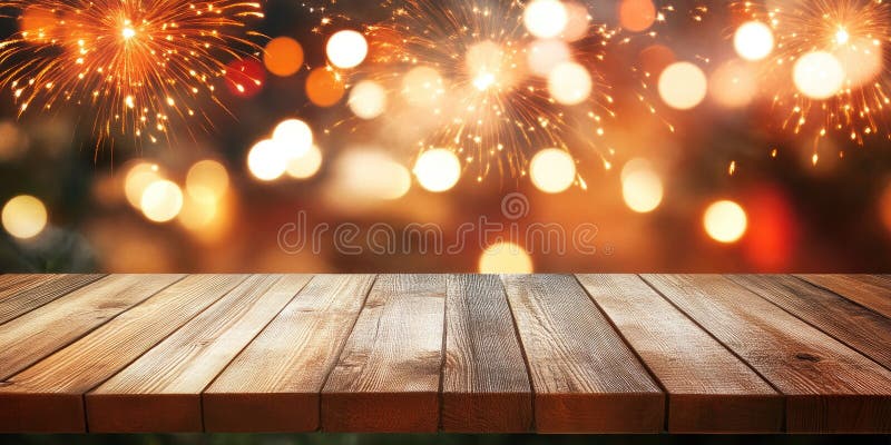 Selective Focus on Wooden Table Against Festive Fireworks. Stock ...