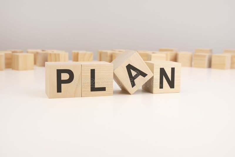 Selective Focus. Word PLAN is Written on a Wooden Cubes Structure ...