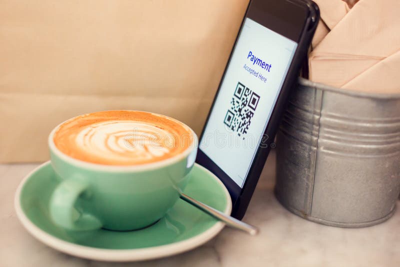 Selective Payment QR Code Tag on Smartphone with Coffee in Coffee Shop ...