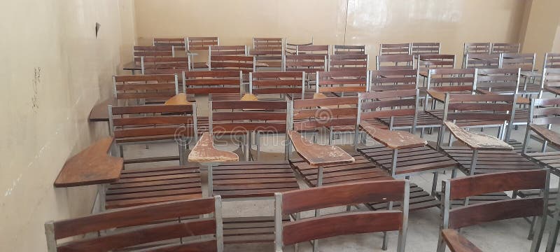 Selective Soft and Blur Focus. Old Wooden Row Lecture Chairs in a ...