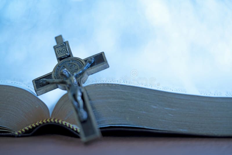 Bible on a Blue Background. Stock Photo - Image of catholic, background ...