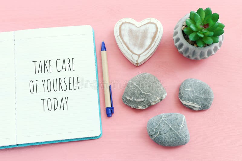 Self Care Concept. Notebook with Text Over Pink Background Stock Image ...