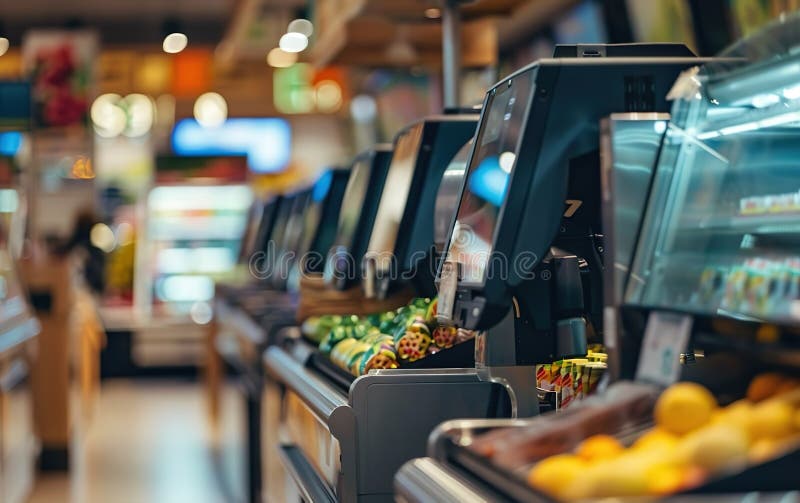 Self Check Out Machines Standing in a Raw on Self Check Out Lane in the ... Self Check Out Machines Standing in a Raw on Self Check Out Lane in the ...