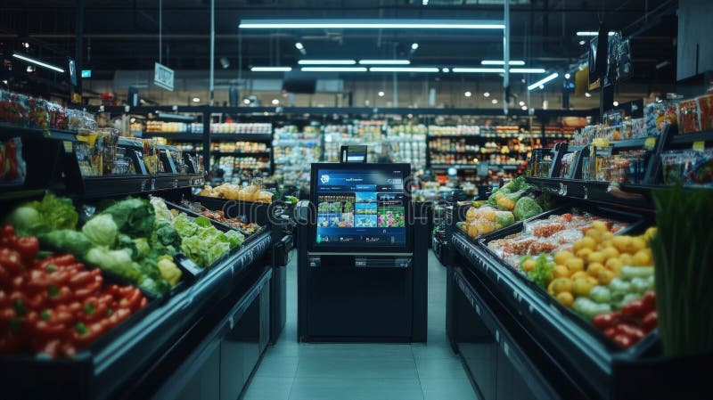 Self-Checkout Kiosk in Modern Grocery Store with Produce Display Stock ...