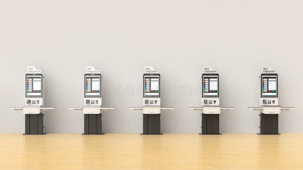 Self-checkout Kiosks or Self-service Payment Machines in a Row Stock ...