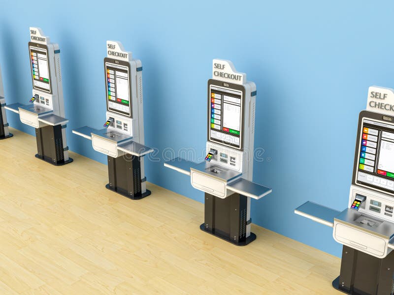 Self-checkout Kiosks or Self-service Payment Machines in a Row Stock ...