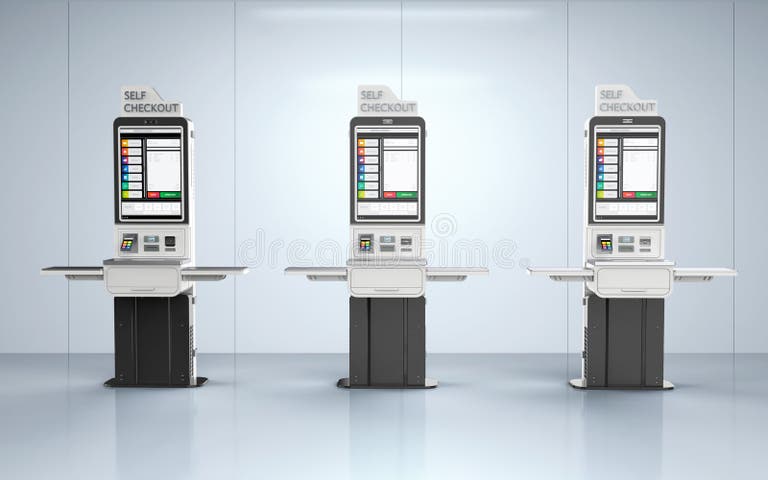 Self-checkout Kiosks or Self-service Payment Machines in a Row Stock ...