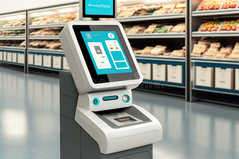 Self-checkout Station with Android Robot Scanning and Bagging Customer ...