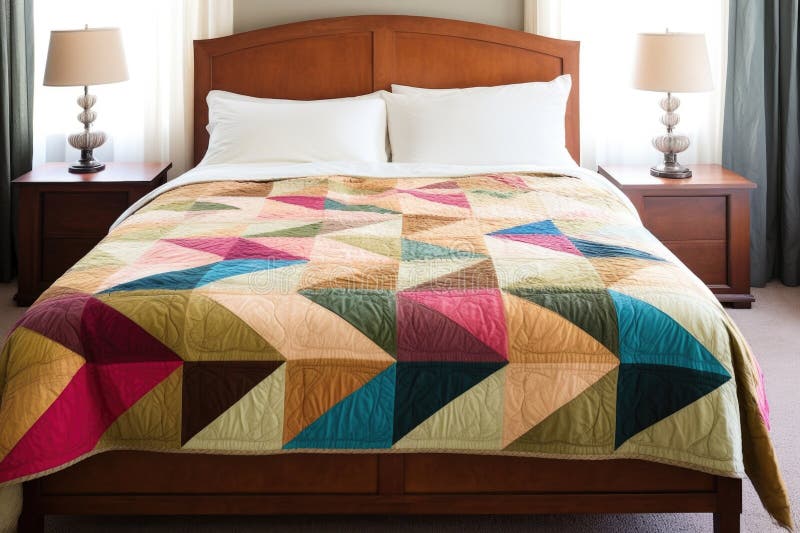 Self-crafted Fabric Patchwork Quilt on a Bed Stock Photo - Image of ...
