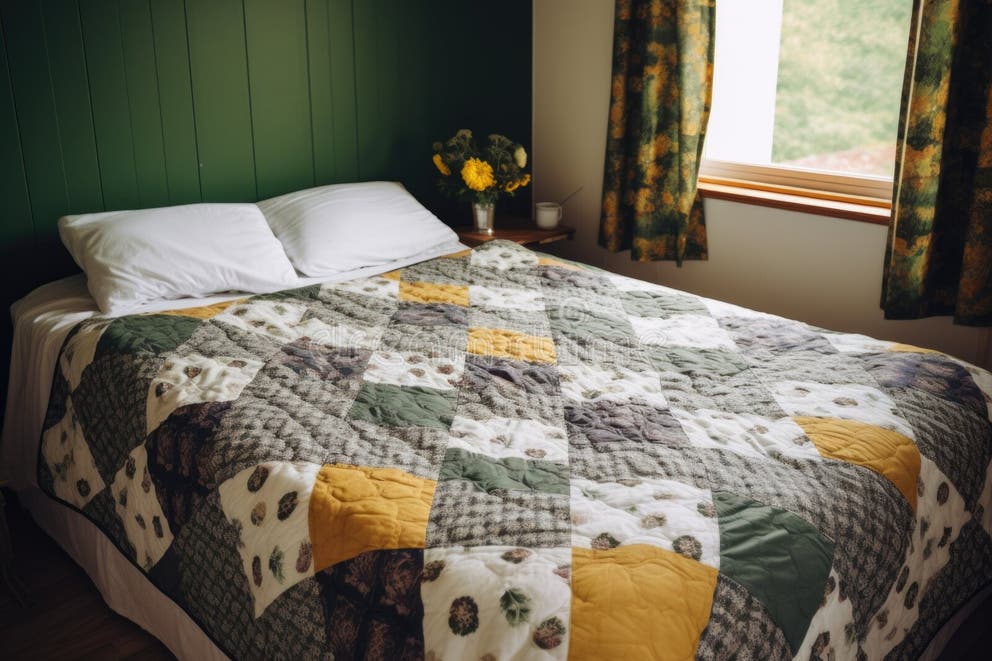 Self-crafted Fabric Patchwork Quilt on a Bed Stock Illustration ...