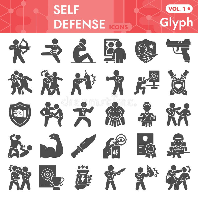 Self Defense Solid Icon Set, Defense Against Attacker Symbols ...