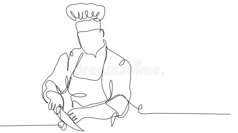 Self-drawing of a Chef with a Knife in One Line on a White Screen ...