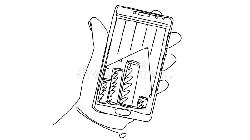 Self-drawing Hand with a Smartphone and a Falling Business Graph on a ...