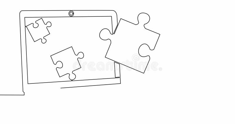 Self Drawing Line Animation Laptop Computer with Puzzle Pieces Business ...