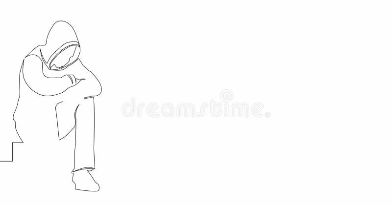 Self Drawing Line Animation Sad Man Sitting Alone Solitude Continuous ...