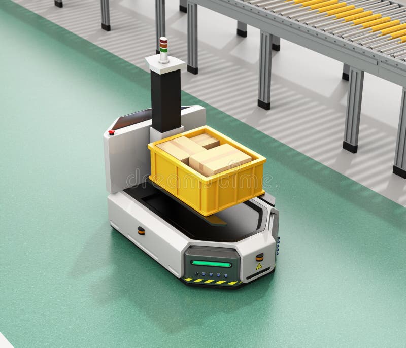 Self Driving AGV With Forklift Carrying Container Box Beside Conveyor ...