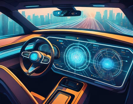 Self-driving Car Dashboard with a Digital Map Stock Illustration ...