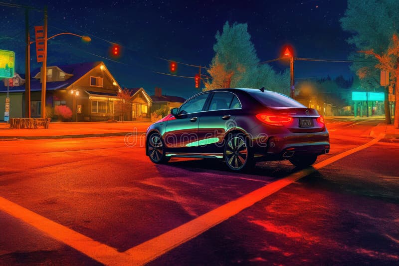 Self-driving Car on Illuminated Smart Road at Night Stock Photo - Image ...