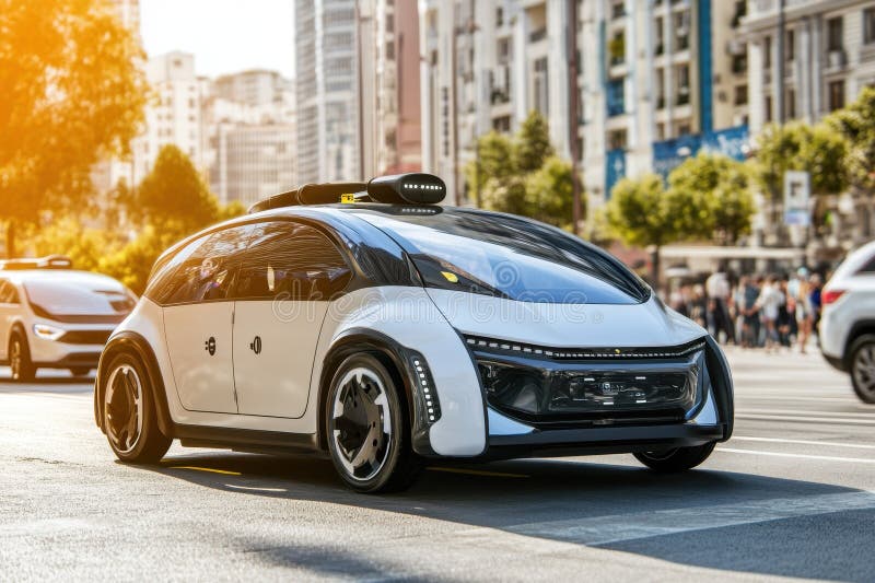 Modern Self-driving Car Navigating Urban Streets during Sunset Stock ...