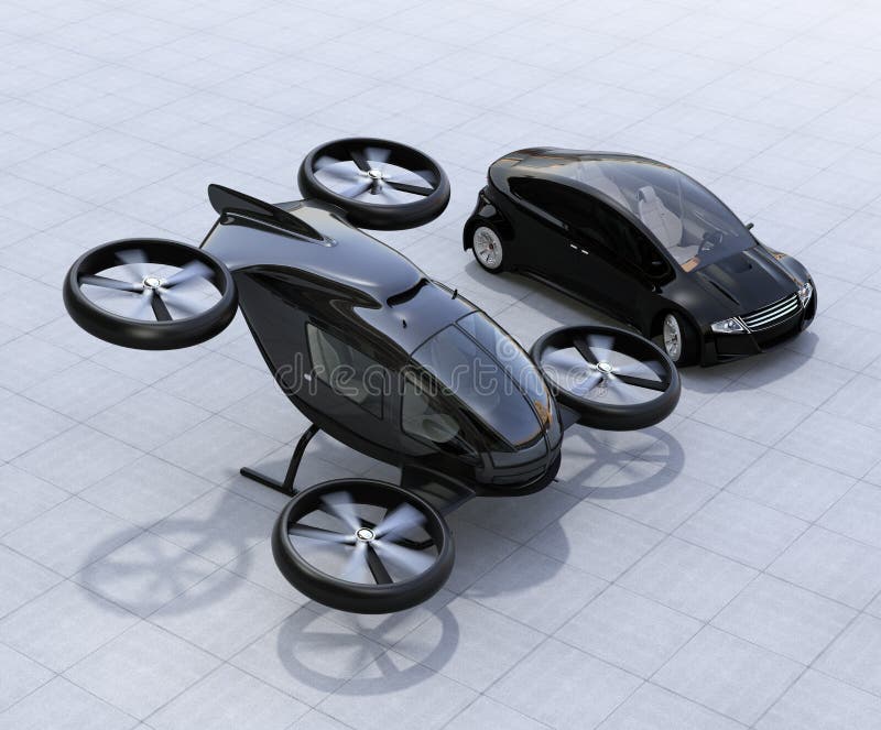 Self-driving Car and Passenger Drone Parking on the Ground Stock ...