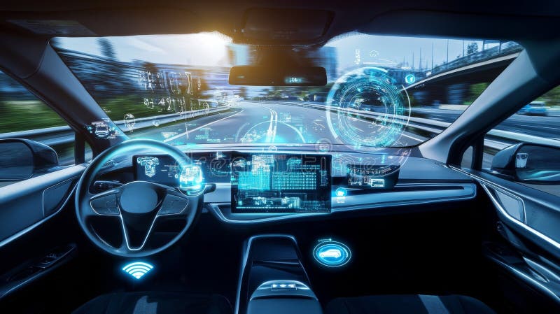 Advanced Self-driving Car with High-tech Dashboard on Highway Stock ... Advanced Self-driving Car with High-tech Dashboard on Highway Stock ...