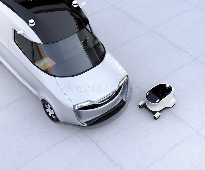 Self-driving Delivery Robot and Delivery Van Stock Illustration ...