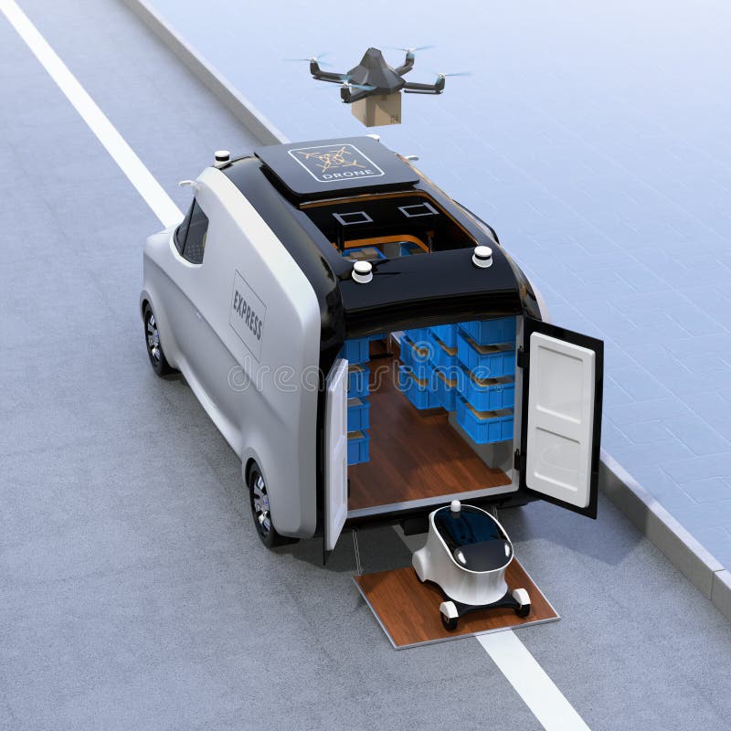 Self-driving Delivery Robots and Van Stock Illustration - Illustration ...