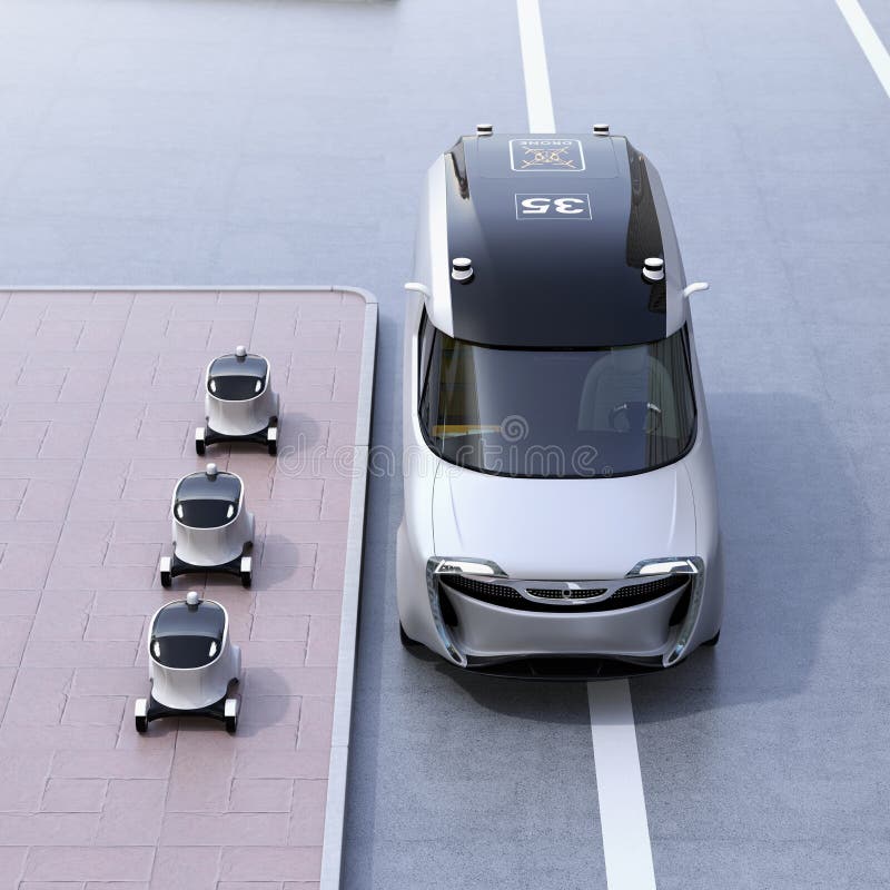 Self-driving Delivery Robots and Van Stock Illustration - Illustration ...