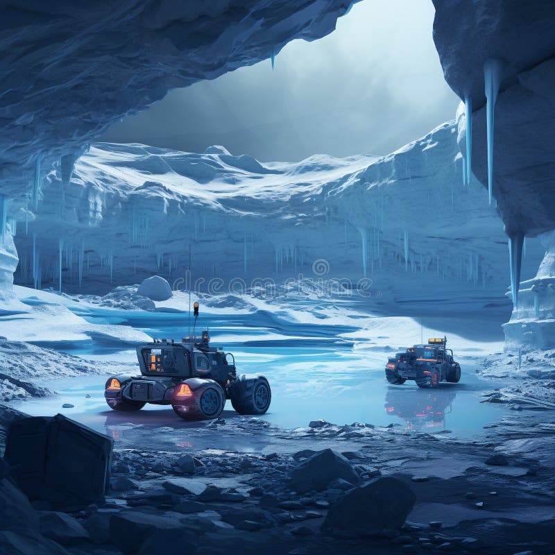 Self-driving Rovers Exploring Ice Caves on a Distant Ocean Planet Stock ...