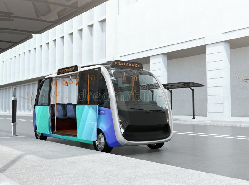 Autonomous Shuttle Bus Waiting at Bus Station Stock Illustration ...