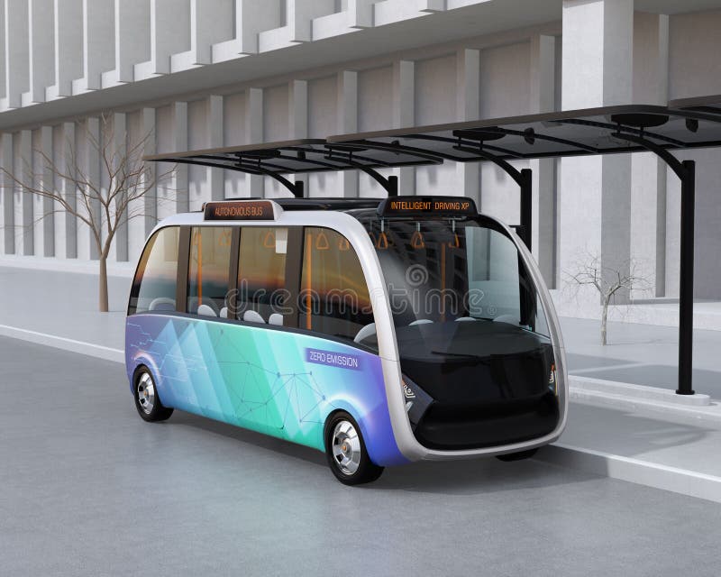 Autonomous Shuttle Bus Waiting at Bus Station Stock Illustration ...