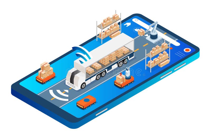 A Self-driving Truck with Robots Loading Cargo into Truck with ...