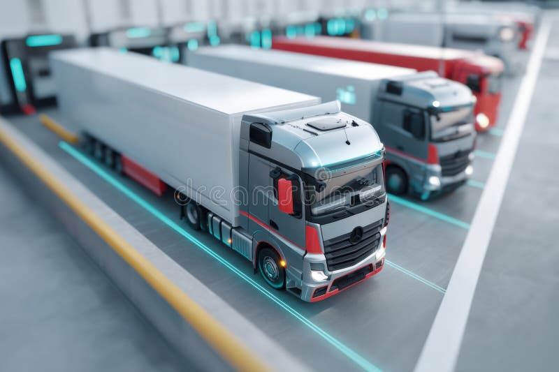 Autonomous Trucks Driving on Glowing Lines in Modern Warehouse Stock ...