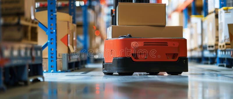A Self-driving Warehouse Robot Loaded with Boxes Traverses the Storage ...
