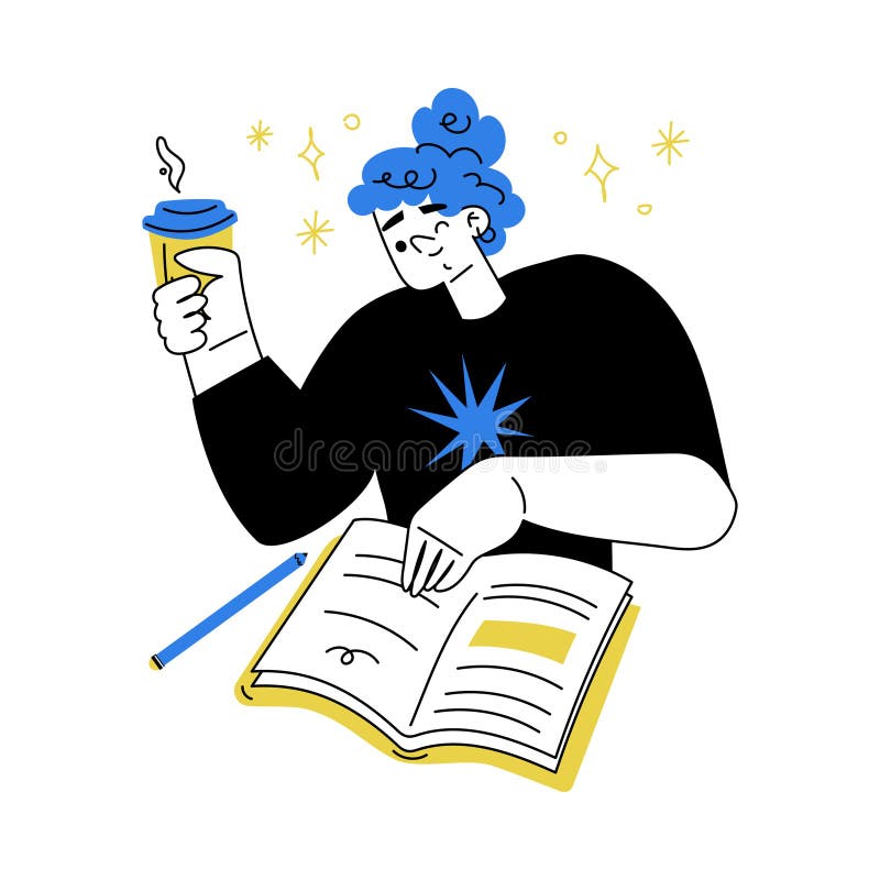 Self Growth with Woman Character Study with Book and Coffee Engaged in ...