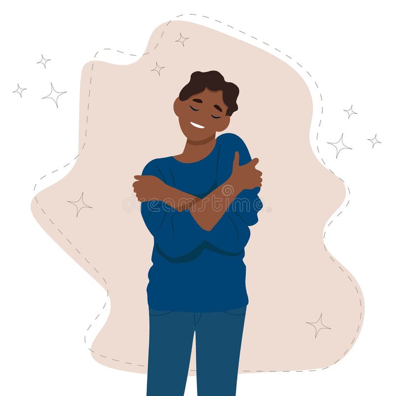 Self Love Concept, Black Man Hugging Herself Stock Vector ...