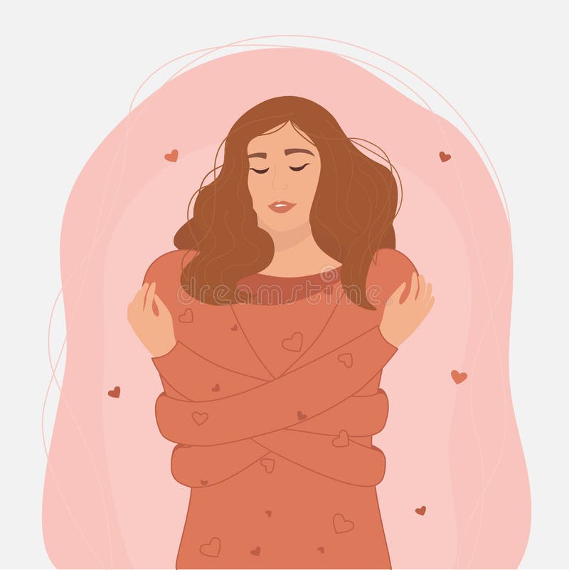 Self Love Concept Woman Hugging Herself Vector Illustration In Flat