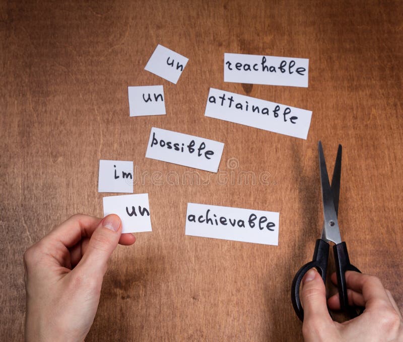 Self Motivation Concept. Negative Words Cut with Scissors. Stock Image ...