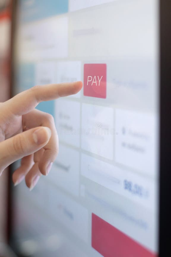 Self-payment Terminal, Finger Selects the PAY Button on the Screen ...