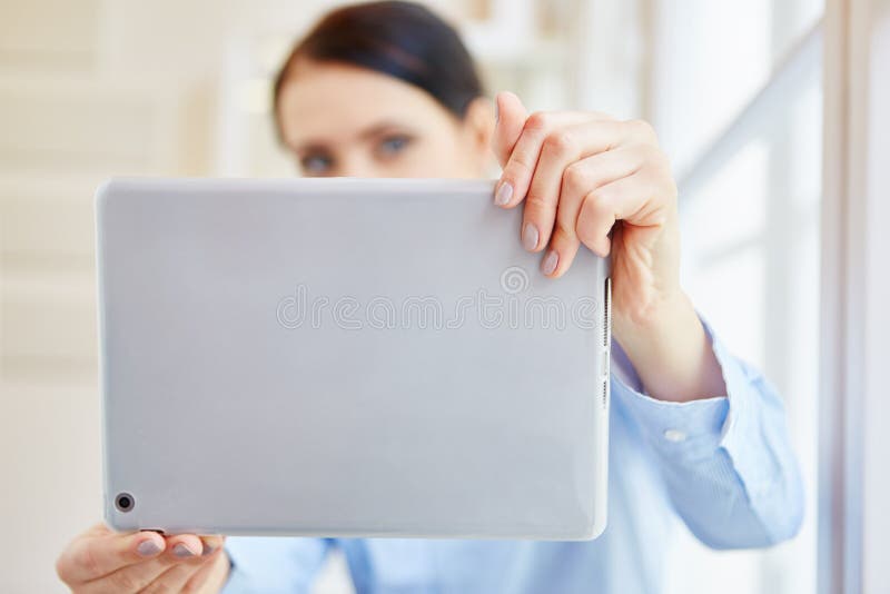Self-portrait with tablet stock image. Image of portrait - 115497683