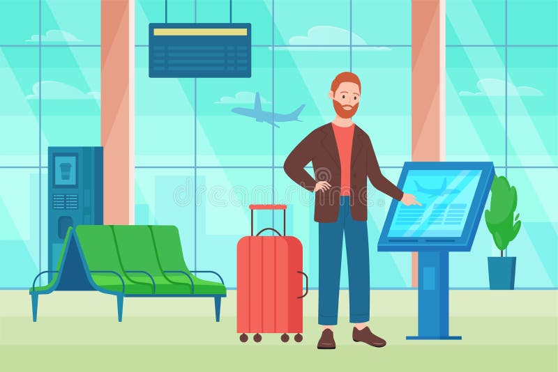 Self Service in Airport, Man Standing at Interactive Panel To Check in ...
