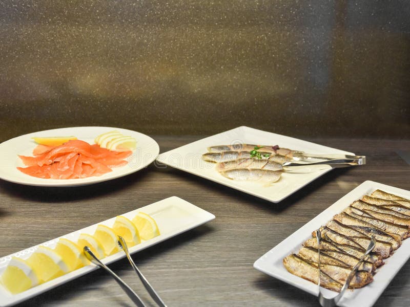 Self-service Breakfast Buffet with Various Fish Dishes Stock Photo ...