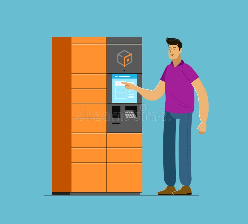 Self Service Post Terminal. Man Receives Parcel Vector Illustration ...