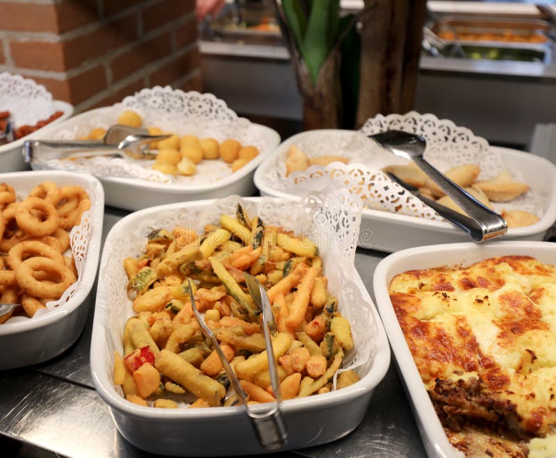 Self Service Restaurant with Many Raw and Cooked Foods Stock Photo ...