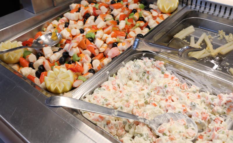 Self Service Restaurant with Many Salad of Vegetables or with Fi Stock ...