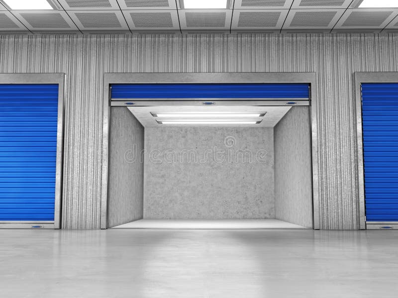 Self Storage Units with One Open Empty Room. 3D Illustration Stock ...